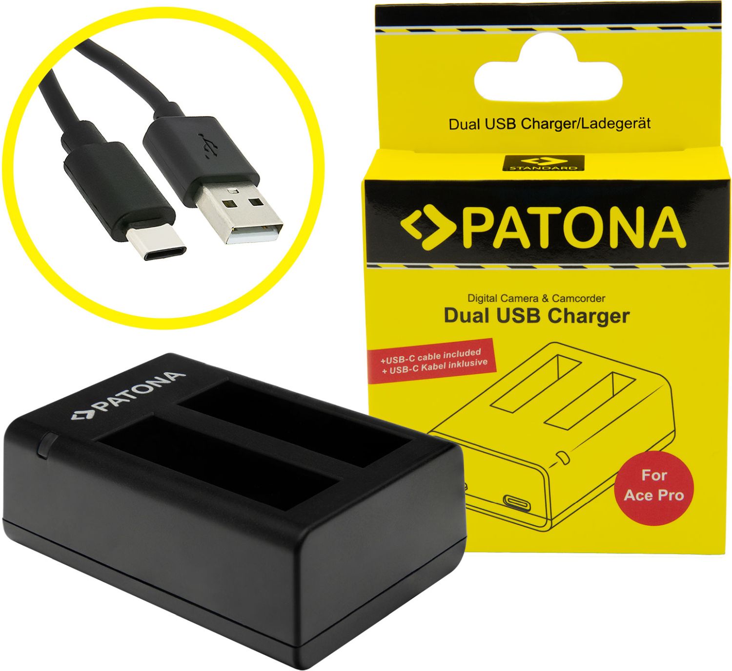 PATONA Chargeur USB double pour Insta360 Ace / Ace Pro, câble USB-C ...